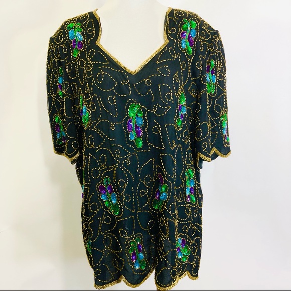Scala | Tops | Vintage Scala Silk Beaded Sequin Top | Poshmark